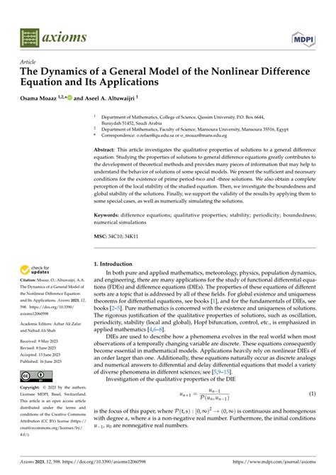 Pdf The Dynamics Of A General Model Of The Nonlinear Difference Equation And Its Applications
