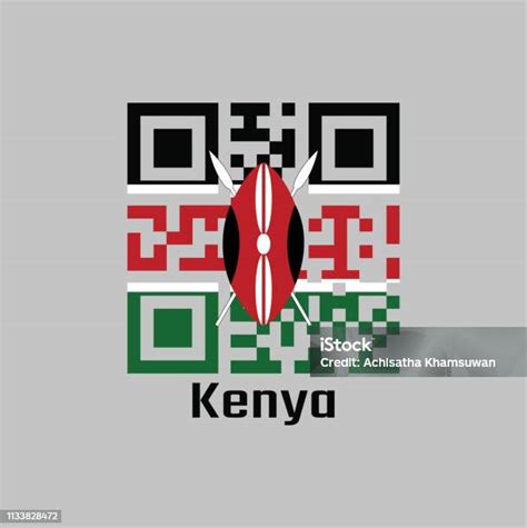 Qr 코드 케냐 국기의 색상을 설정 합니다 검은색 흰색 빨간색 녹색의 가로 두 개의 흰색 창을 교차 하는 빨간색 검은 마 사이 방패 0명에 대한 스톡 벡터 아트 및 기타