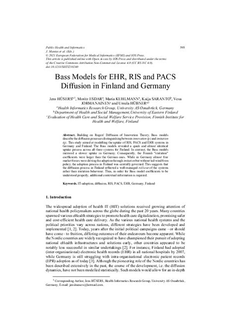 Pdf Bass Models For Ehr Ris And Pacs Diffusion In Finland And Germany