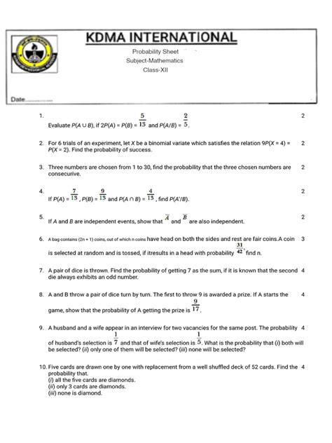 Probability Sheet Pdf