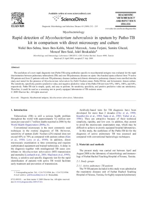 Pdf Rapid Detection Of Mycobacterium Tuberculosis In Sputum By Patho Tb Kit In Comparison With