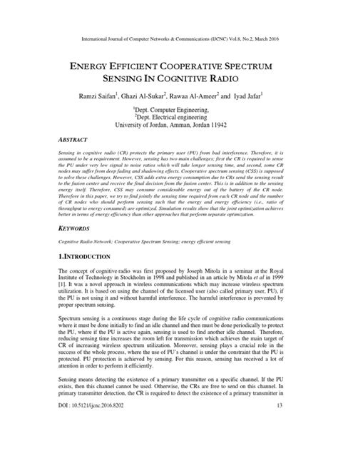 Energy Efficient Cooperative Spectrum Sensing In Cognitive Radio Pdf Cognitive Radio