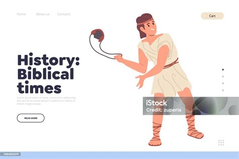 역사 성경 시대 랜딩 페이지 디자인 템플릿과 골리앗에 맞서 싸우는 용감한 젊은 다윗 다윗 영성 및 종교에 대한 스톡 벡터
