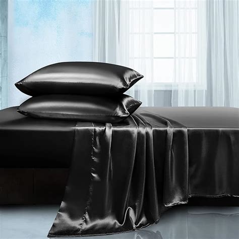 Manyshofu Satin Bed Linen Set Full 4piece Black Soft Silky Sheets Cooling And Luxury Bedding