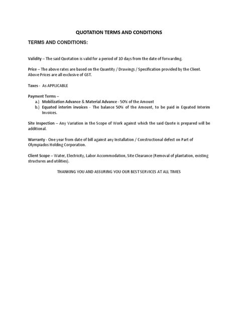 Quotation Terms And Conditions For Quotes Pdf