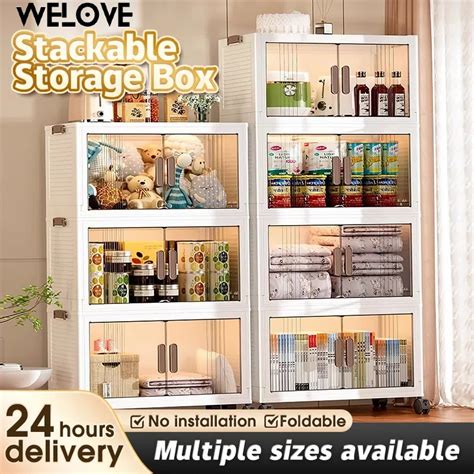 [welove]l59cm Cabinet Storage 5 Layers Foldable Multipurpose Stackable Storage Cabinet 2 Doors