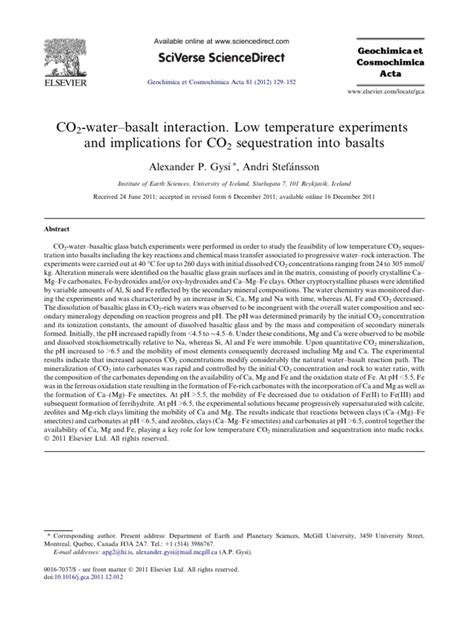 Co2 Waterâ Basalt Interaction Low Temperature Experiments And Implications For Co2