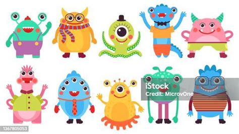 만화 귀여운 괴물 평평한 다채로운 괴물 눈 뿔문자 귀여운 재미 외계인 아이 친화적 인 못생긴 마스코트 괜찮은 벡터 컬렉션 몬스터에 대한 스톡 벡터 아트 및 기타 이미지
