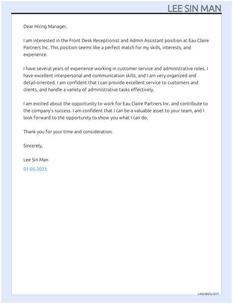 Cover Letter For Front Desk Receptionist And Admin Assistant Lazyapply