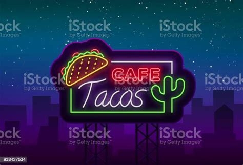 네온 스타일에서 타코 기호입니다 네온 사인 상징 밝은 빌보드 야간 멕시코 음식 타코의 광고 멕시코 거리 음식 패스트 푸드입니다 벡터 일러스트 레이 션 프로젝트 레스토랑