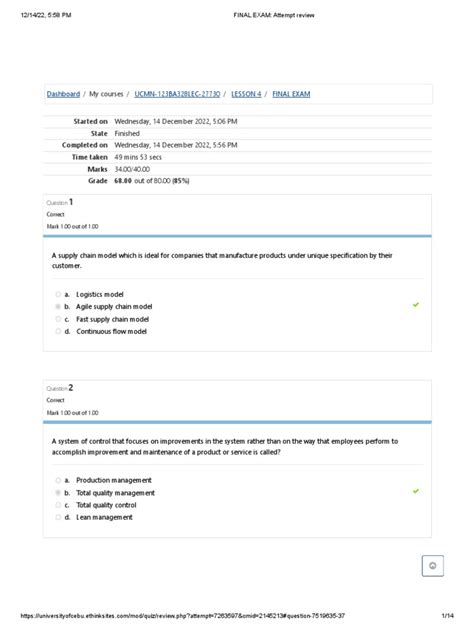 Final Exam Attempt Review Pdf Quality Business Quality Management