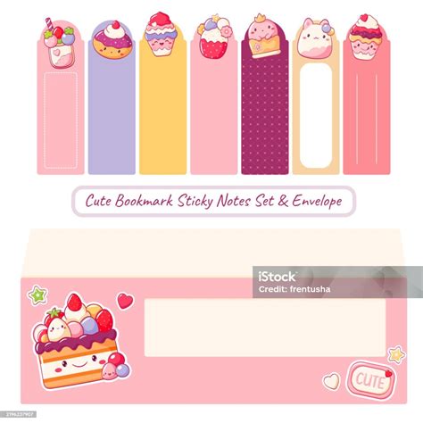 벡터 책갈피 스티커 메모 세트 및 봉투 어린이를 위한 Kawaii 접착 태그 컬렉션 알림 계획 보육 조직을 위한 카와이 스타일의 귀여운 디저트가 있는 만화 스티커 메모 요소