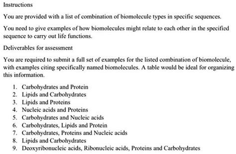 Instructions You Are Provided With A List Of Combination Of Biomolecule