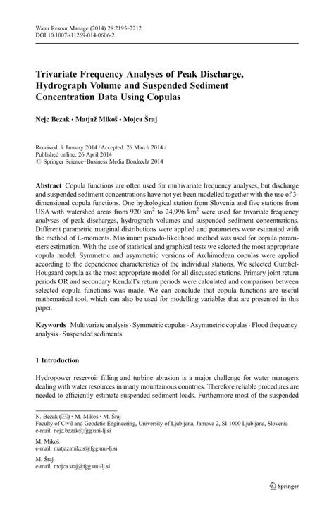 Pdf Trivariate Frequency Analyses Of Peak Discharge Hydrograph Volume And Suspended Sediment