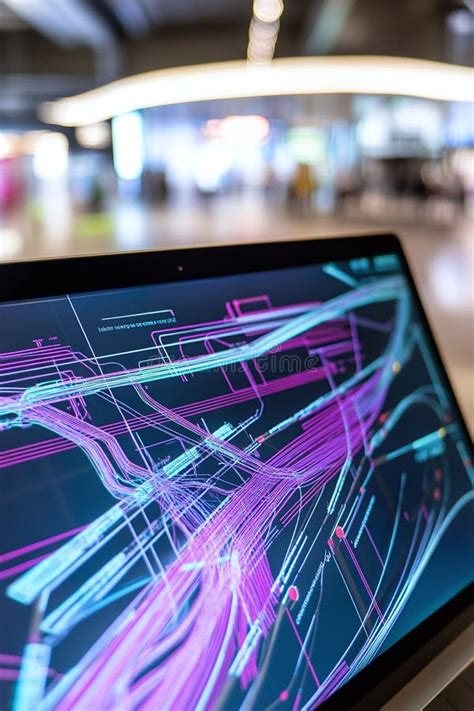 Laptop Screen Showing A Detailed Cad Layout Of Transmission And Distribution Lines Stock