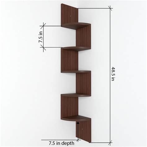 Corner Shelf Zigzag Shape 5 Curved Shelves Rich Walnut