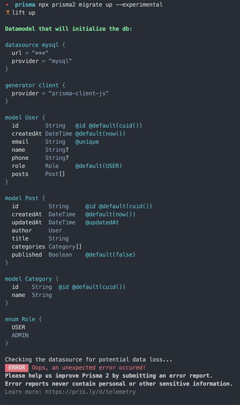 Unexpected Error Occured When Running Migrate Up In Latest Alpha · Issue 322 · Prismamigrate