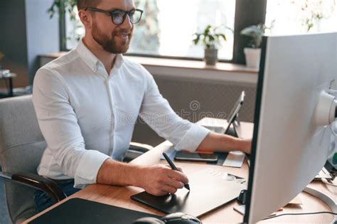Man In Formal Clothes Is Working In The Modern Office Using Computer Stock Image Image Of