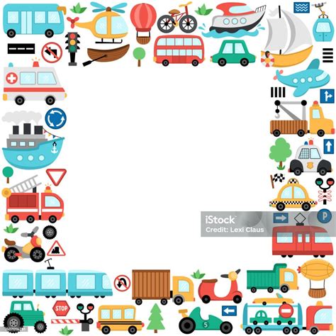 버스 자동차 보트 트럭이 있는 벡터 교통 사각형 프레임 배너 초대장에 대한 다양한 종류의 운송이 가능한 카드 템플릿 디자인