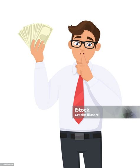 현금 돈을 보여주고 침묵을 묻는 젊은 사업가 조용히 입 좀 다물어요 입술에 검지 손가락을 유지하는 사람 남성 캐릭터 디자인 일러스트 벡터 만화 스타일의 인간의 감정