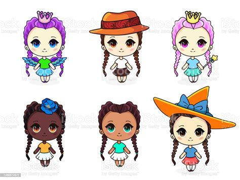다양한 액세서리 머리 색깔 및 피부를 가진 귀여운 고립된 애니메이션 소녀 삽화의 컬렉션 개성 개념에 대한 스톡 벡터 아트 및