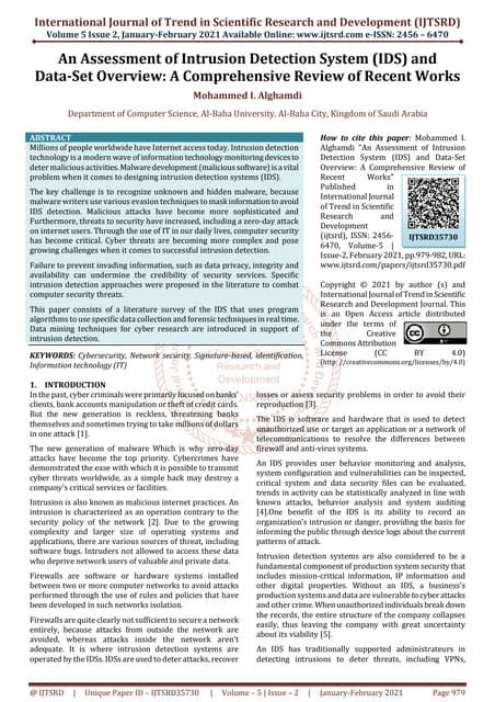 An Assessment Of Intrusion Detection System Ids And Data Set Overview A Comprehensive Review Of