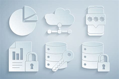 키 모바일 및 비밀번호 문서 잠금 네트워크 클라우드 연결 및 파이 차트 인포그래픽 아이콘으로 서버 보안을 설정합니다 벡터 0명에 대한 스톡 벡터 아트 및 기타 이미지