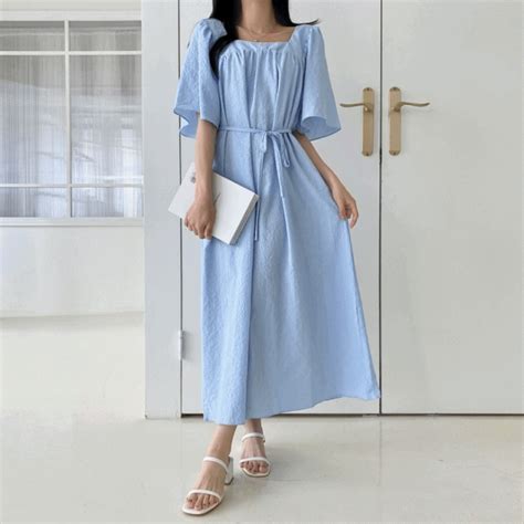 여리여리빅사이즈 셔링 스퀘어넥 허리끈 날개소매 지지미 플레어 롱 원피스 에이블리