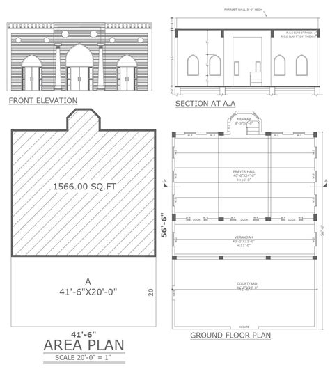 Mosque Plan With Section And Elevation Detail In Autocad File