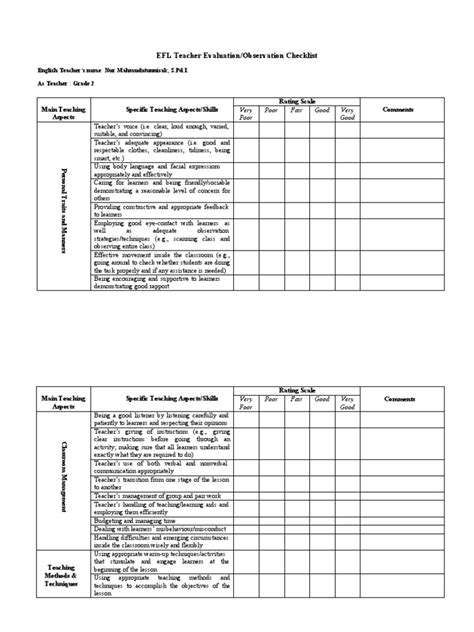 Efl Teacher Evaluation Observation Check Pdf Teaching Method Teachers