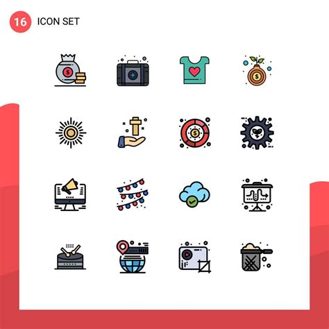 16 Thematic Vector Flat Color Filled Lines And Editable Symbols Of Weather Sun Love Growth Hand