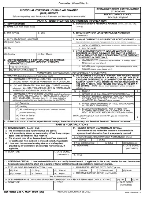 Dd Form 2367 Overseas Housing Allowance Oha Report Individual Dd Forms