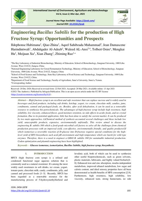 Pdf Engineering Bacillus Subtilis For The Production Of High Fructose Syrup Opportunities And