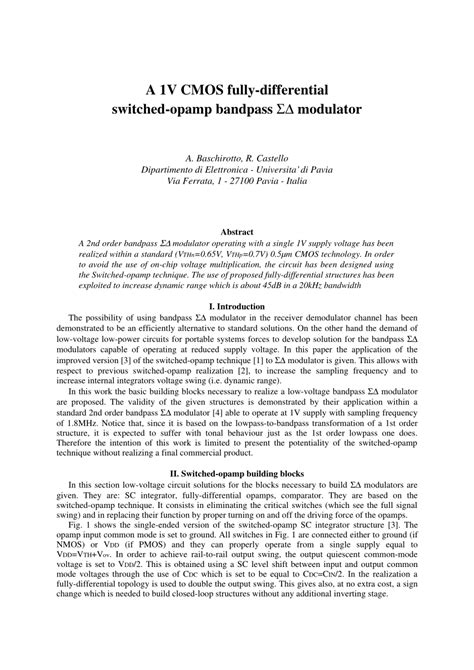 Pdf A 1v Cmos Fully Differential Switched Opamp Bandpass ΣΔ Modulator