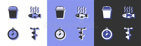 Set Hand Ice Drill Fishing Bucket Compass And Dead Fish Icon Vector
