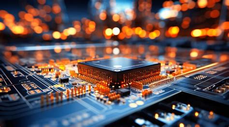 Premium Photo A Big Blue Cpu Screen With Blue Circuit Board Background And An Orange Light