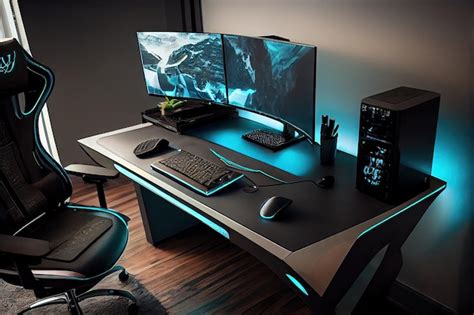 Premium Ai Image Sleek And Modern Gaming Desk With Hightech Computer