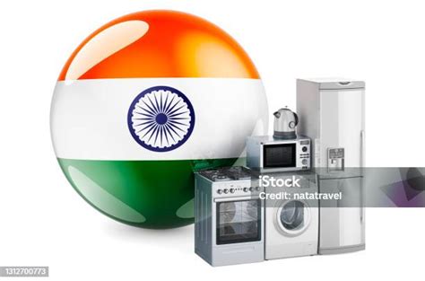 인도 국기가있는 주방 및 가전 제품 인도 개념의 가전 제품의 생산 쇼핑 및 납품 흰색 배경에서 격리된 3d 렌더링 가정 주방에 대한 스톡 사진 및 기타 이미지 Istock