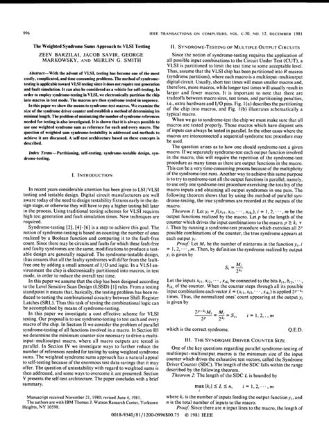 Pdf The Weighted Syndrome Sums Approach To Vlsi Testing