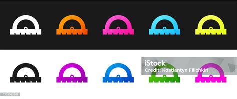 흑백 배경에서 격리된 각도 아이콘을 측정하기 위한 각도기 격자를 설정합니다 기울기 각도 미터 측정 도구 기하학적 기호입니다 벡터 일러스트레이션 각도에 대한 스톡 벡터 아트