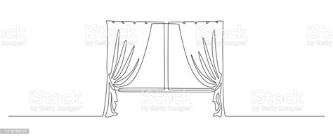 커튼이있는 창문의 연속 선 그리기 단순한 선형 스타일의 드레이프 천이 있는 거실 인터리오아의 개념 편집 가능한 획 낙서 윤곽선 벡터 일러스트 레이 션 0명에 대한 스톡 벡터