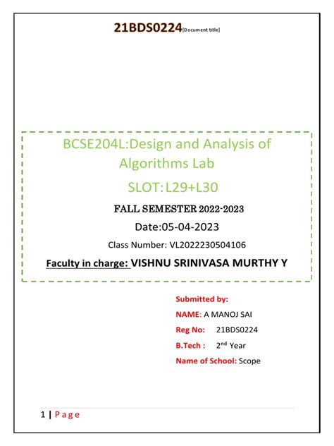 bcse204l design and analysis of algorithms lab slot l29 l30 pdf