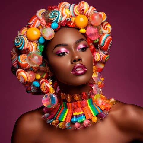 Premium Ai Image A Woman With A Wig Made Of Candy And A Pink Eye Makeup
