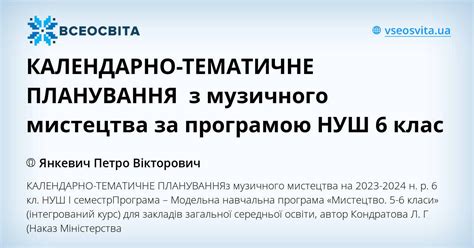 КАЛЕНДАРНО ТЕМАТИЧНЕ ПЛАНУВАННЯ з музичного мистецтва за програмою НУШ 6 клас Інші методичні