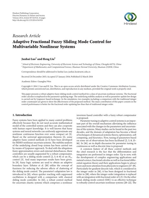 PDF Adaptive Fractional Fuzzy Sliding Mode Control For Multivariable Nonlinear Systems