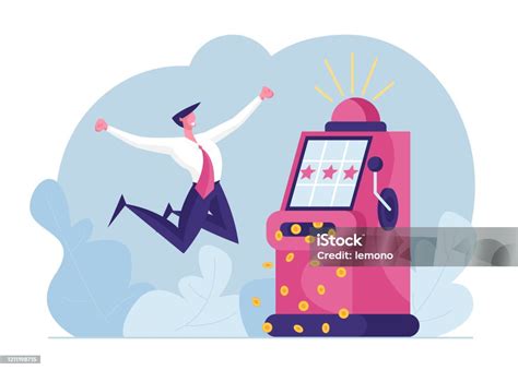 금융 자유 개념 행복 한 젊은 남자 비명 슈퍼 흥분 얻을 대성공 황홀 한 문자는 슬롯 머신에서 떨어지는 돈 비에서 성공을 축하합니다 만화 플랫 벡터 일러스트 일러스트레이션에