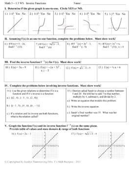 NC Math 3 Section 1 3 HW WS Inverse Functions By Mrs T S Math Recipes