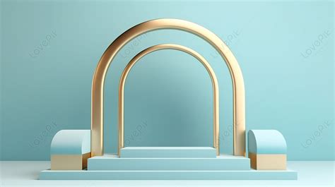 연한 파란색 제품 디스플레이와 추상 구성 배경의 고급스러운 금색 아치를 갖춘 미니멀한 3d 스탠드 금색 배경 스탠 배경