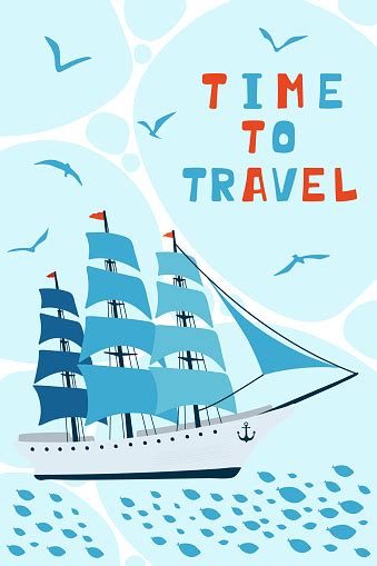 항해선과 만화 스타일로 여행 할 수있는 시간 문자와 바다 어린이 포스터 키즈 프린트를 위한 귀여운 컨셉 디자인 엽서 직물 의류에 대한 그림 벡터 엽서에 대한 스톡 벡터 아트