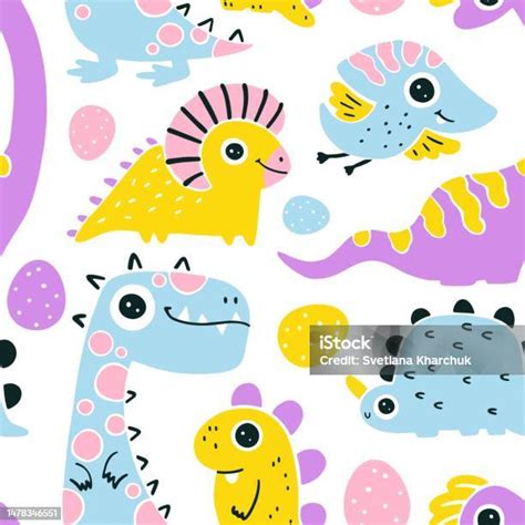 가리 공룡 완벽 한 패턴입니다 간단한 스칸디나비아 리노컷 스타일의 큰 눈을 가진 손으로 그린 만화 공룡 캐릭터 벡터 그림입니다 흰색 배경에 트렌디한 화려한 분홍색 팔레트 0